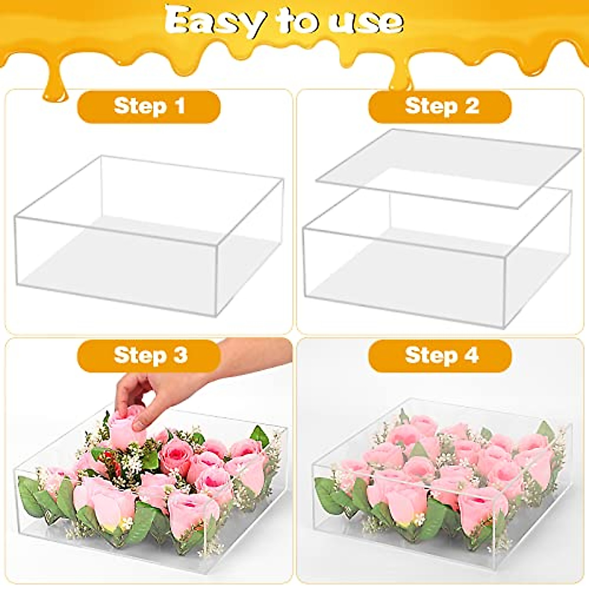 Nynelly Acrylic Cake Stand with Lid, Square Cake Riser Clear Cake Box Stand, Fillable Cube Pedestal Stands for Parties, Decorative Centerpiece for Wedding Birthday Party (2pcs, 8" Dx4”H; 12" Dx4”H)