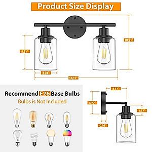 Licperron 2-Light Bathroom Vanity Light Fixtures, Modern Black Bathroom Vanity Lights Over Mirror with Clear Glass Shade, Industrial Wall Mounted Sconces Lighting for Bedroom Hallway