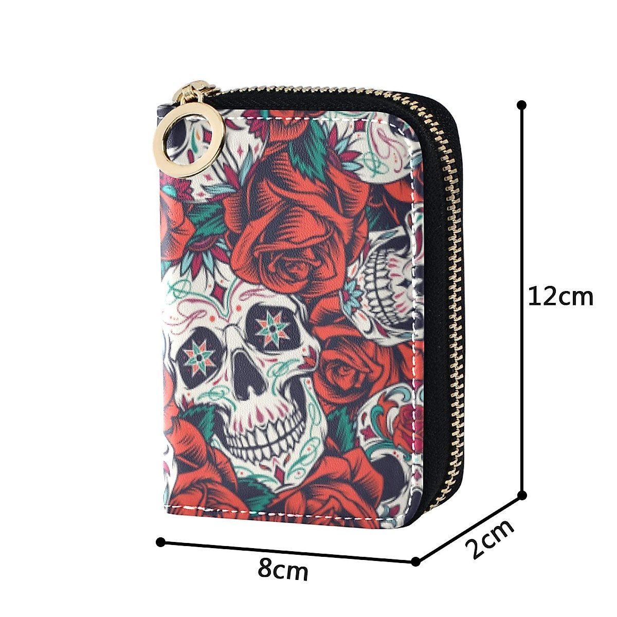 MOYYO RFID Credit Card Holder Case Vintage Sugar Skull Red Rose Leather Printed Zipper Card Case Wallet for Women Girls
