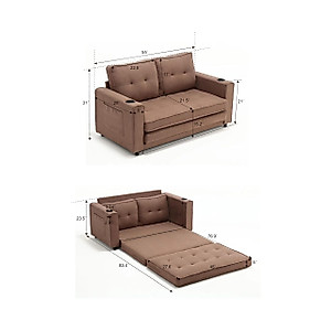 KINFFICT 3-in-1 Upholstered Futon Sofa Convertible Sofa Bed,Foldable Tufted Loveseat with Pull Out Sleeper Couch Bed,Folding Mattres Love Seat Daybed W/Side Pockets and Cup Holder (Brown)