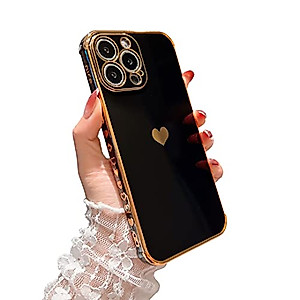 imluckies Compatible with iPhone 14 Pro Max Case, Shockproof TPU Cover with Luxury Gold Plating Edge & Love Heart Pattern, Full Camera Protection Case for Women Girls 6.7" (2022), Black