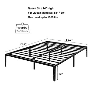 SUNNYFURN 14 Inch Queen Bed Frame - Queen Bed Frame Platform Metal - Metal Platform Bed Frame No Box Spring Needed Heavy Duty Bed Frame,Sturdy, Easy Assembly, Under Bed Storage - Black Queen Size