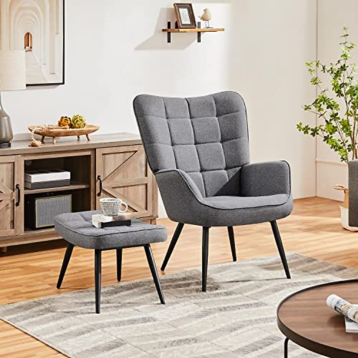 Yaheetech Accent Chair with Footrest, Armchair and Ottoman with High Back and Metal Legs Single Oversized Sofa Club Chair and Ottoman Set for Living Room Bedroom Office, Grey