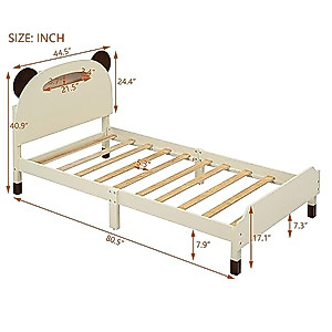 Prohon Wood Bed Frame Twin Size with Bear-Shaped Headboard & Motion Activated Night Lights, Platform Bed with 7.9" Underbed Storage, Cute Bedframe for Kids Boys Girls, No Box Spring Needed, Cream