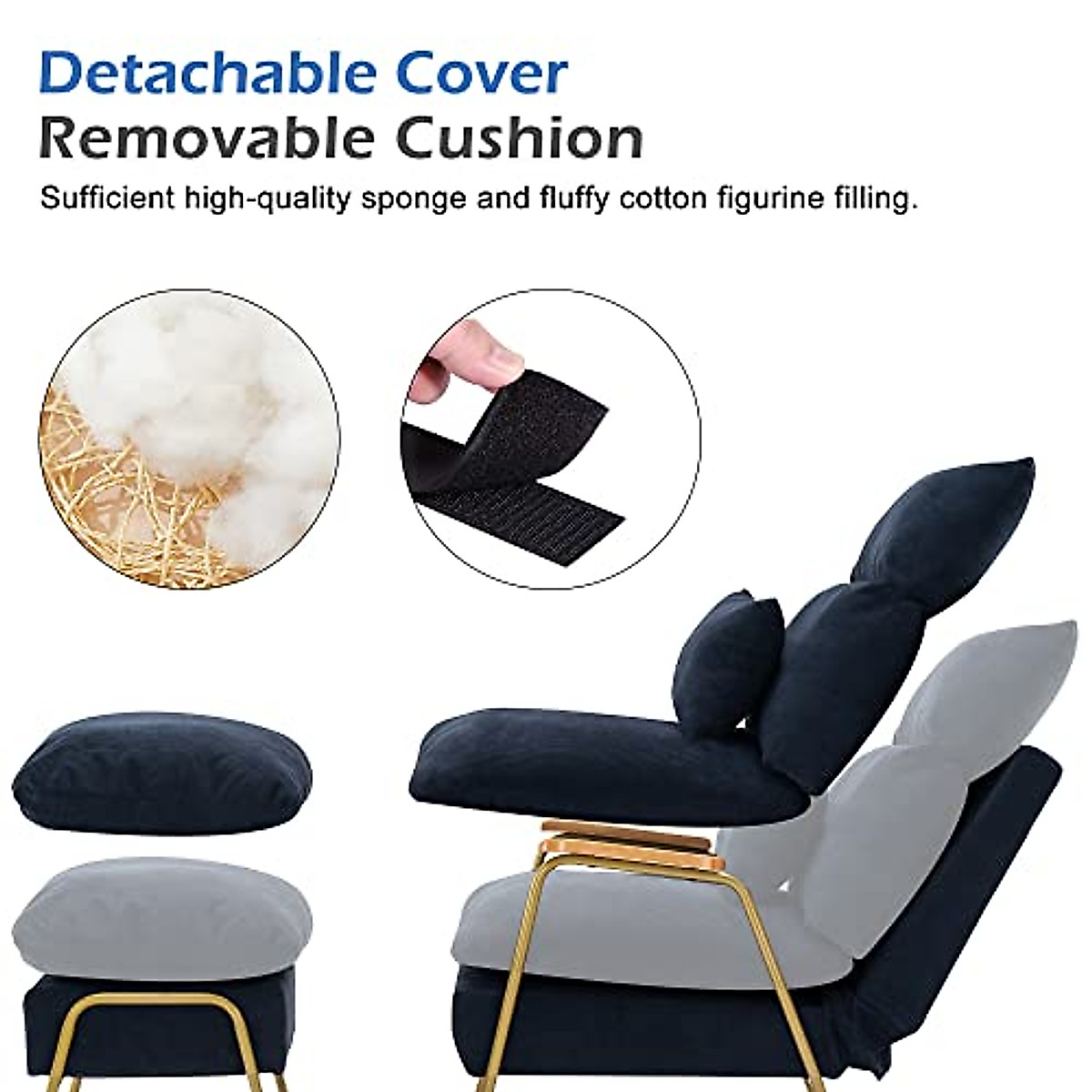 MCombo Accent Recliner Chair with Ottoman, Modern Fabric Armchair, Upholstered Sofa Bed for Living Room Bedroom, Small Space 4055 (Golden Frame, Dark Blue)