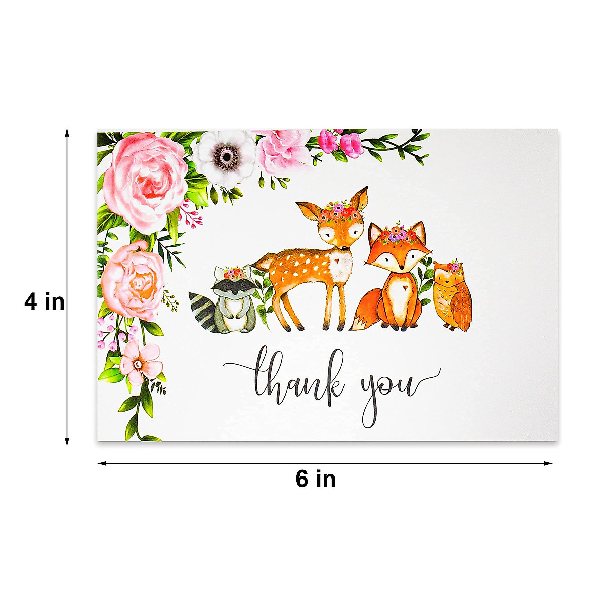 50 Pack Watercolor Girl Woodland Greenery Thank You Cards, Cute Thank You Notes with Envelopes & Stickers, Baby Shower, Birthday any Occasion Large Size 4x6 Animal Fox Raccoon Deer Owl Gratitude For Party, Children Stationery