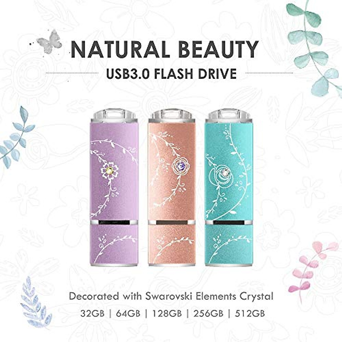 TCELL Natural Beauty 64GB USB 3.0 Flash Drive Decorated with Swarovski Elements Crystal Lavender Purple for Women Student Office Gift, Purple USB Stick