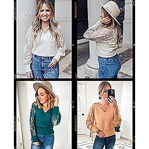 MEROKEETY Women's V Neck Lace Long Sleeve Ribbed Knit Sweater Solid Color Pullover Tops