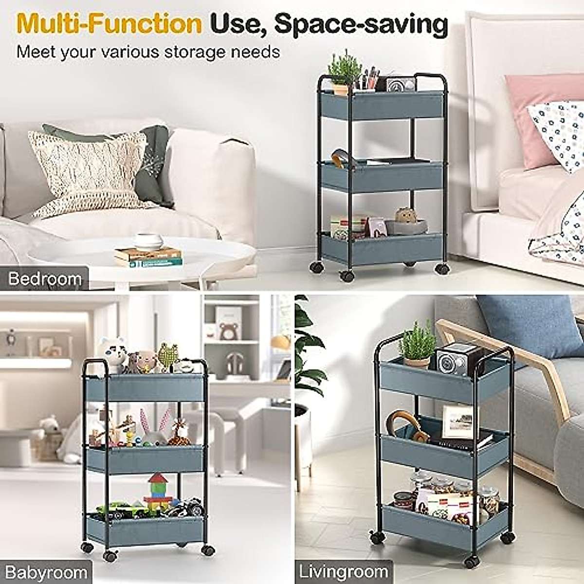 YASONIC 3-Tier Rolling Cart, Easy Assembly, Move, Lightweight, Gray