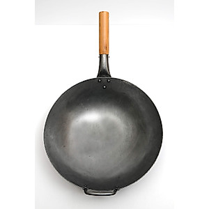 Chef's Medal Traditional Hand Hammered Carbon Steel Pow Wok with Bamboo and Steel Helper Handle - 14 Inch, Round Bottom