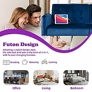 TYBOATLE 65"W Velvet Modern Convertible Folding Futon Couch Sofa Bed w/ 2 USB Charging Ports and Arms, Loveseat for Compact Living Space, Dorm, Game Studio, Bonus Room, Apartment, Bedroom (Navy Blue)