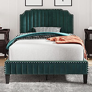 Livavege Full Size Bed Frame, Velvet Upholstered Full Platform Bed Frames with Curved Headboard, Mattress Foundation/Strong Wooden Slats Support/No Box Spring Needed/Easy Assembly, Green
