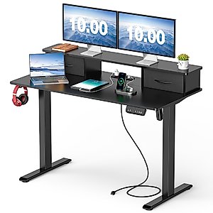 Mr IRONSTONE Standing Desk, 47 x 24 Inches Electric Height Adjustable Desk with 3 AC Outlets & 2 USB Ports, Stand Up Desk with 2 Drawers and Large Monitor Stand, Black
