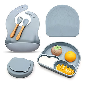 SmoreBaby 4pcs Baby Silicone Feeding Set Toddler Plates Bib Spoon Fork with Suction Utensils Toddlers Baby-Led Boys Girls Eating Supplies (Dust Blue, Dusty Blue