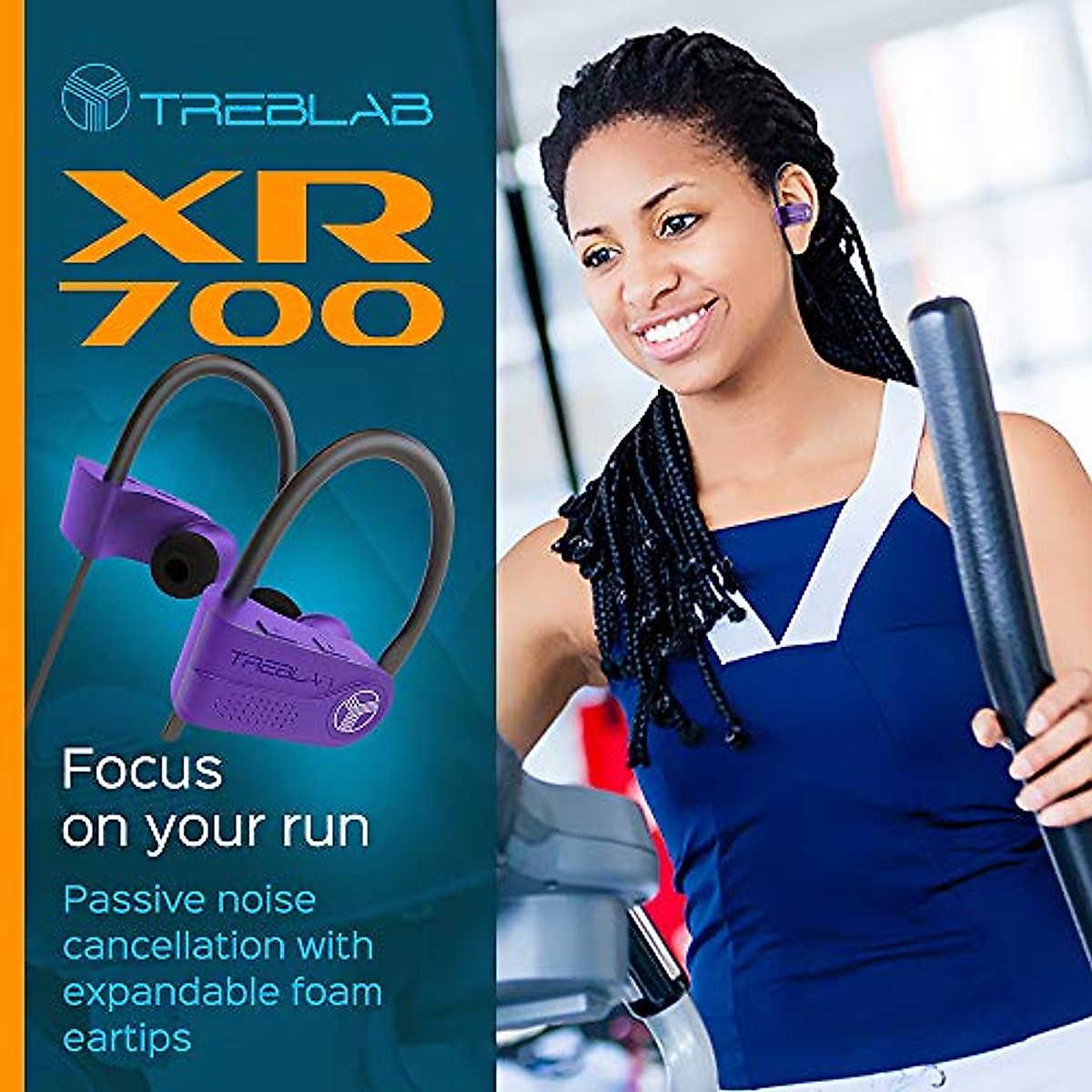 TREBLAB XR700 Wireless Sports Earbuds - Custom Adjustable Earhooks, PRO Running Bluetooth 5.0 Headphones for Athletes. IPX7 Waterproof, Sweatproof, in-Ear Headset, Noise Cancelling Earphones (Purple)