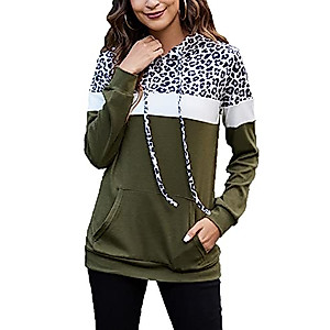 Bluetime Women Pullover Sweatshirt with Pocket Color Block Long Sleeve Fall Tops Shirts Leopard Hoodies (XL, Leopard Olive Green)