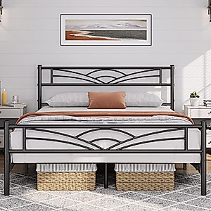 Yaheetech Queen Size Bed Frame Metal Platform Bed Mattress Foundation with Cloud-Inspired Design Headboard/Footboard/Ample Under Bed Storage/No Box Spring Needed/Queen Size Black