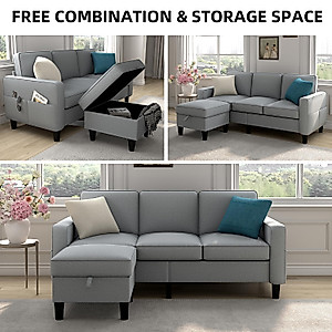 BearDen Creations Convertible Sectional Couches for Living Room, L Shaped Couch 3 Seater Sofas with Storage Ottoman,Small Sofa for Apartment,Compact Spaces,Small Space,Grey