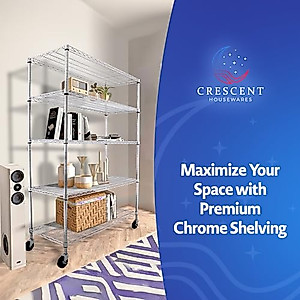 Crescent, Chrome, 48 x 18 x 76, 4000 LBS, Metal Shelves for Storage with Wheels, Ideal for Garage Shelving, 5 Tier Wire Shelving Rack for Kitchen Storage, Heavy Duty Shelving for Home Storage