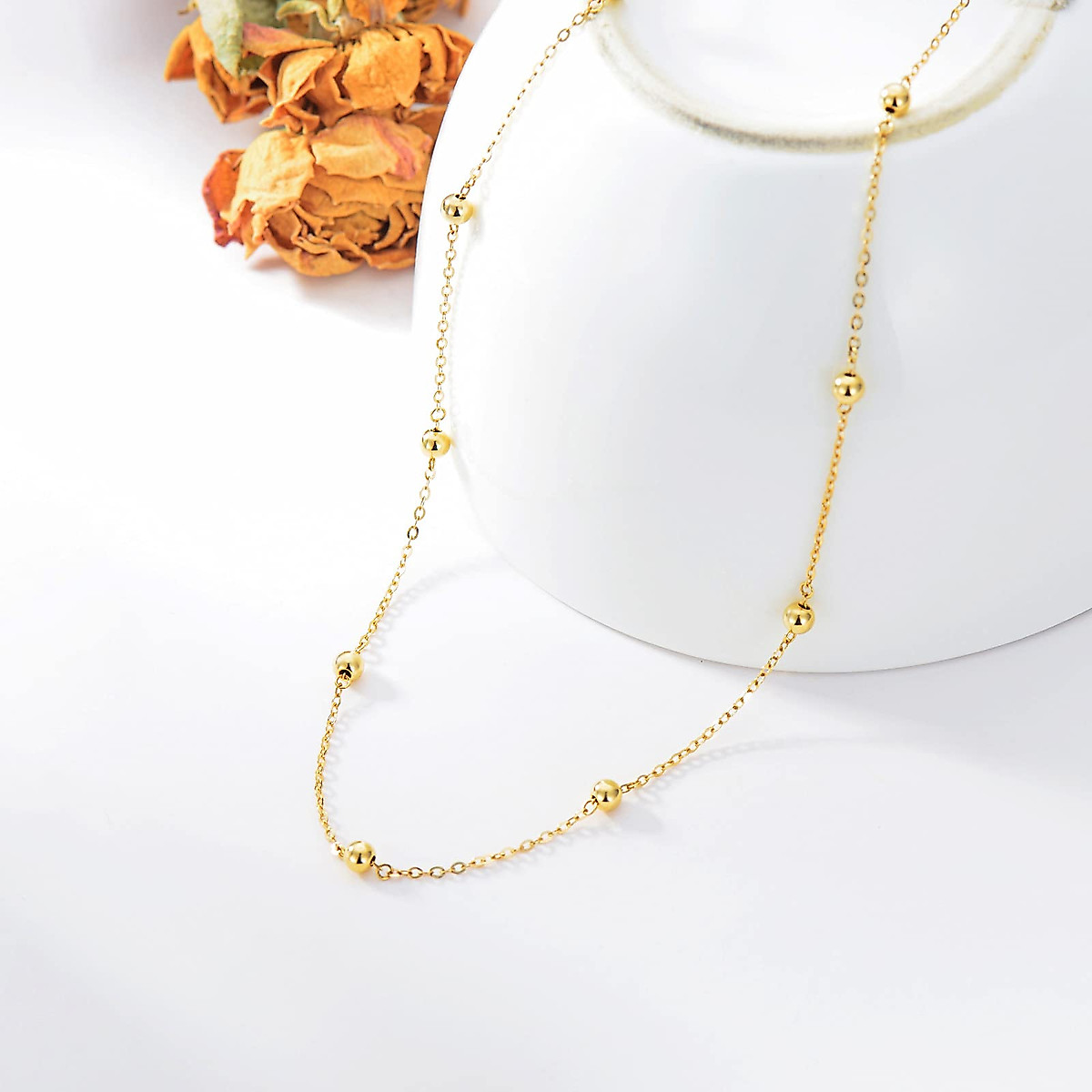 SISGEM Real 14k Gold Bead Station Choker Necklace for Women, 3 MM Ball Chain Jewelry Gifts for Her, 15-18 Inch