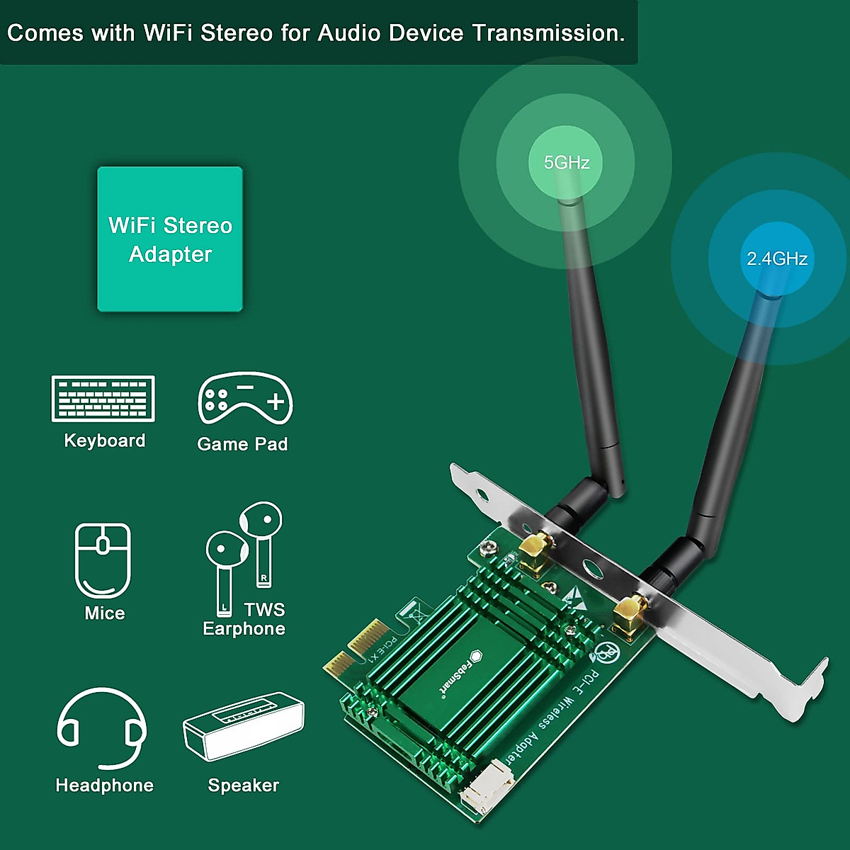 FebSmart WiFi 6 PCIE WiFi Adapter for Windows 11, 10 64bit, Linux Kernel 5.1 Desktop PCs, 2.4GHz 574Mbps and 5GHz 2400Mbps, Gaming and Video Streaming PCIE WiFi Card, Intel WiFi 6 AX200NGW (AX3000)