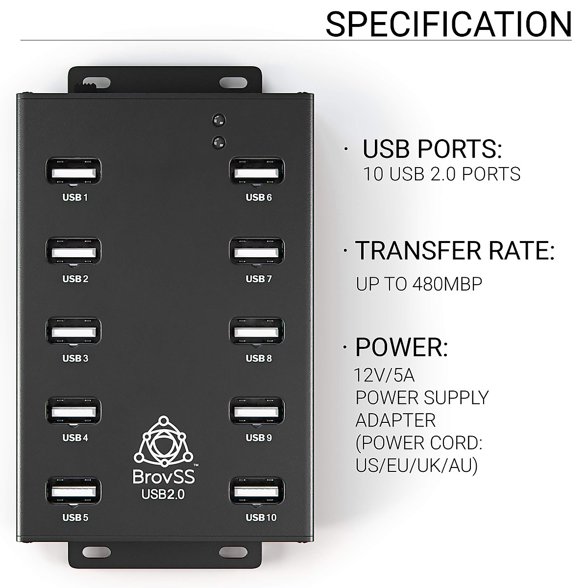 BrovSS: 10 Ports USB 2.0 Powered Hub - USB Extension Splitter with 12V 5A 60W Power Adapter. Connect up to 10 Electronics and USB peripherals. (Black)