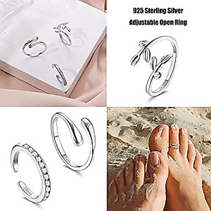 Besteel 925 Sterling Silver Toe Rings for Women Adjustsable Open Cuff Toe Rings Set Platinum Plating Band Leaf CZ Tail Rings Trendy Summer Beach Barefoot Jewelry Classic Style