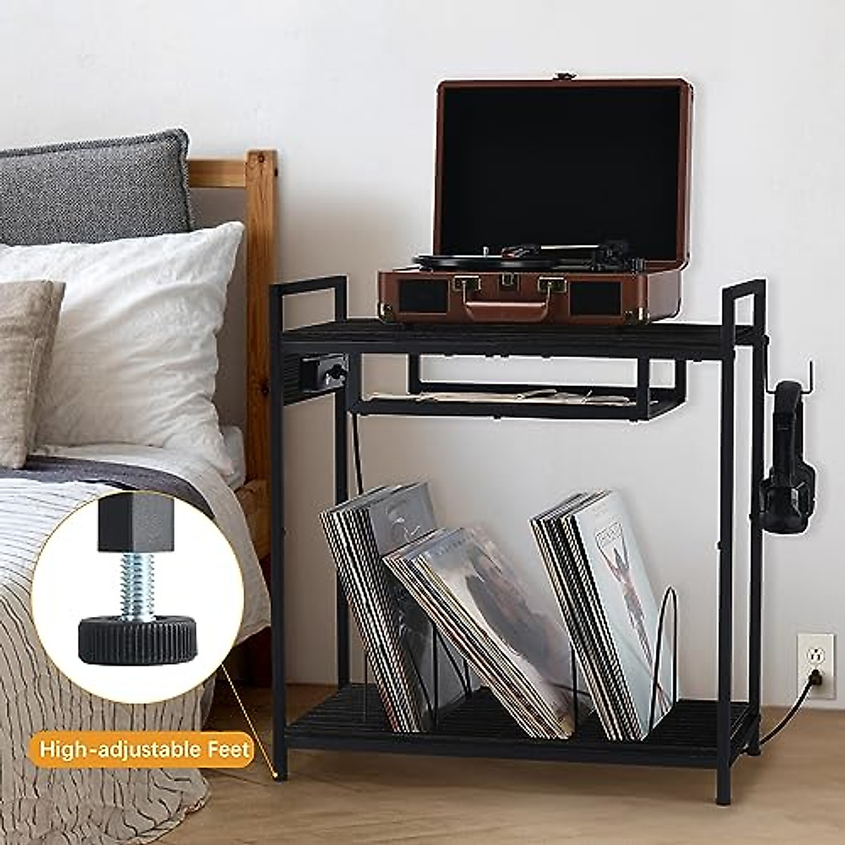 Black Record Player Stand Turntable Stand with Vinyl Storage Wooden Record Player Table with Charging Station 2 Tier End Table for Vinyl Records Album Holder Cabinet Record Shelf on Wheels