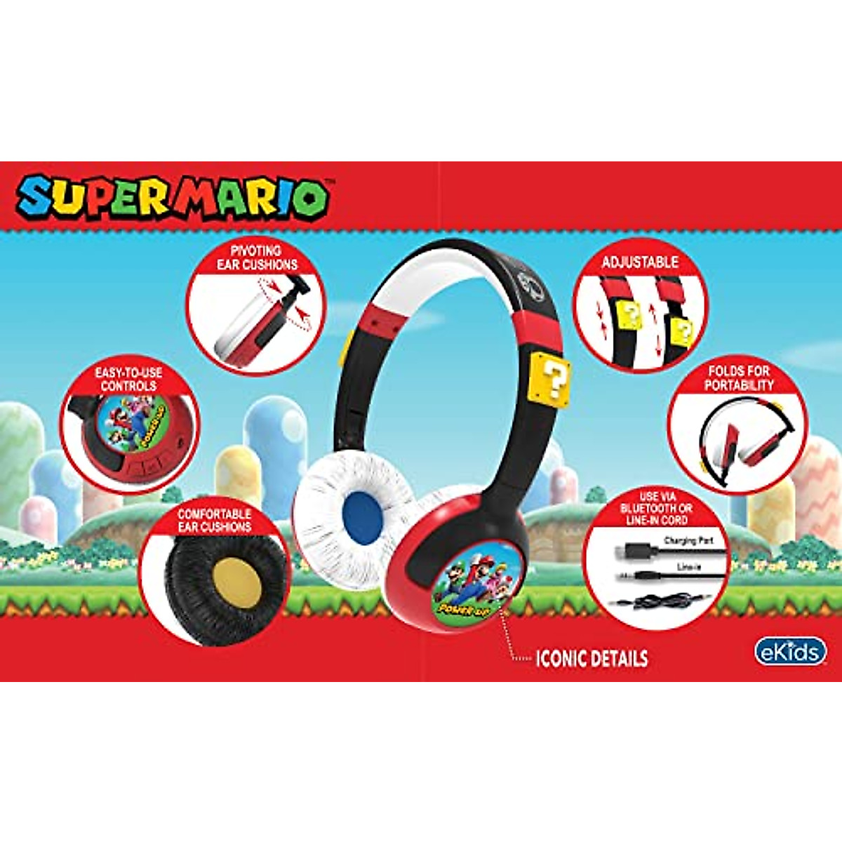 eKids Super Mario Kids Bluetooth Headphones, Wireless Headphones with Microphone Includes Aux Cord, Volume Reduced Kids Foldable Headphones for School, Home, or Travel
