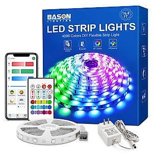 BASON LIGHTING 16.4ft LED Strip Lights, Bluetooth App Control and Remote Control, 24V Adapter Powered Color Changing Lights with Remote,SMD 5050 Gaming Lights for Wall Kitchen Home Decor