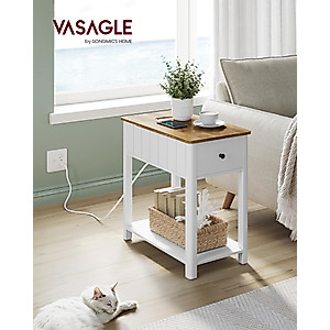 VASAGLE Side Table with Charging Station, End Table with USB Ports and Outlets, Nightstand with Storage, for Living Room, Bedroom, Modern Farmhouse Style, Rustic Walnut and White ULET318T14V1