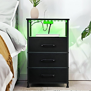 LOAKEKEL Nightstands Set of 2, Large End Tables Living Room, Bed Side Tables with Charging Station, 24.7" Tall Night Stand with 3 Fabric Drawers and LED Light Strip for Bedroom HNS013BK