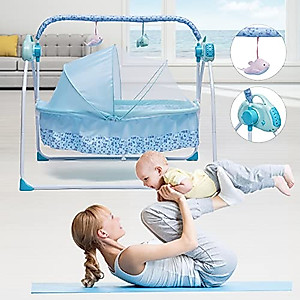 LOYALHEARTDY Baby Cradle Swing 5 Speed Electric Stand Crib Auto Rocking Chair Bed with Remote Control Infant Musical Sleeping Basket for 0-18 Months Newborn Babies, Mosquito Net+Mat+Pillow (Blue)