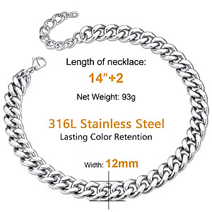 Mens Necklace Cuban Chain Choker 12mm 14inch Stainless Steel Choker Neck Chains for Men