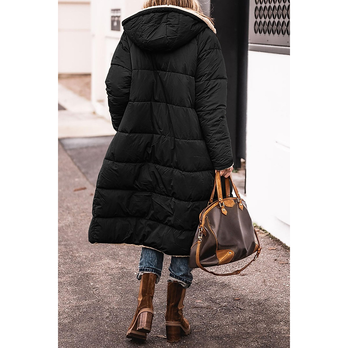 Thatrich Long Puffer Coat Women with Hood Reversible Jackets Long Sleeve Fuzzy Fleece Jacket Winter Warm Down Coat Outerwear