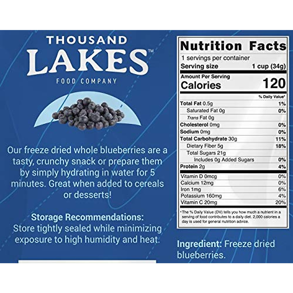 Thousand Lakes Freeze Dried Fruit - Blueberries 1.2 ounces | No Sugar Added | 100% Whole Blueberries