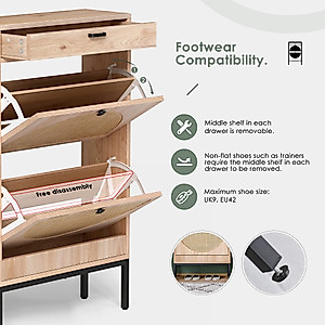 Yechen Shoe Rack Storage Organizer with 2 Natural Semi-Circular Rattan Doors, Entryway Wooden Shoe Cabinet for Sneakers, Leather Shoes, High Heels, Slippers (1 Piece, Oak)