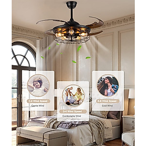 APBEAMLighting 48 Inches Retractable Ceiling Fan Industrial Caged Ceiling Fan Reversible Blades Black Farmhouse Ceiling Fan with Lights and Remote Control for Living Dining Room