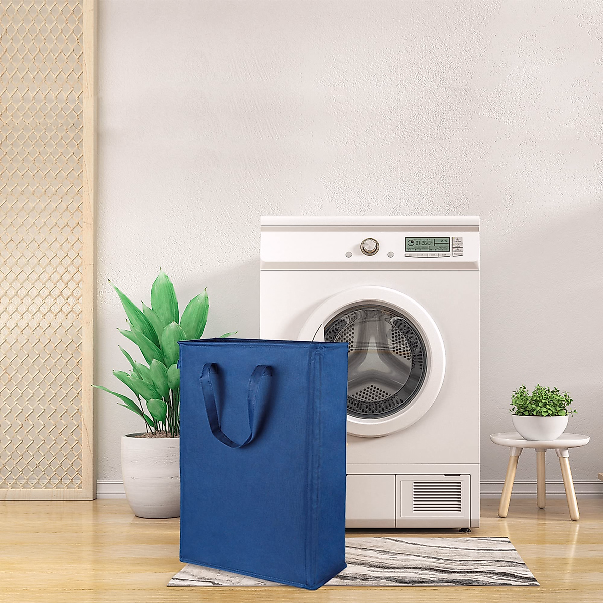 Odonata Slim Laundry Hamper Handles Collapsible Laundry Basket Thin Dirty Clothes Basket Narrow Laundry Bag Foldable Dirty Hamper 45L (Navy blue)