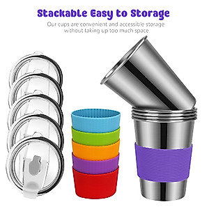 Yummy Sam 5 Pack Kids Cups with Silicone Straws and Lids 12oz Stainless Steel Water Drinking Bottle with Non-Slip Heat Insulation Half Sleeves for Children Adult School Outdoor Home Use
