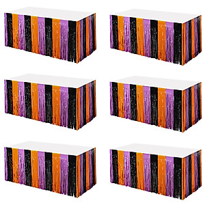 6 Pack 30x108 Inch Halloween Table Skirt Decoration, Metallic Foil Fringe Tinsel Table Skirts, Curtains Backdrop Parade Floats Birthday Halloween Christmas Party Decoration(Black Orange Purple)