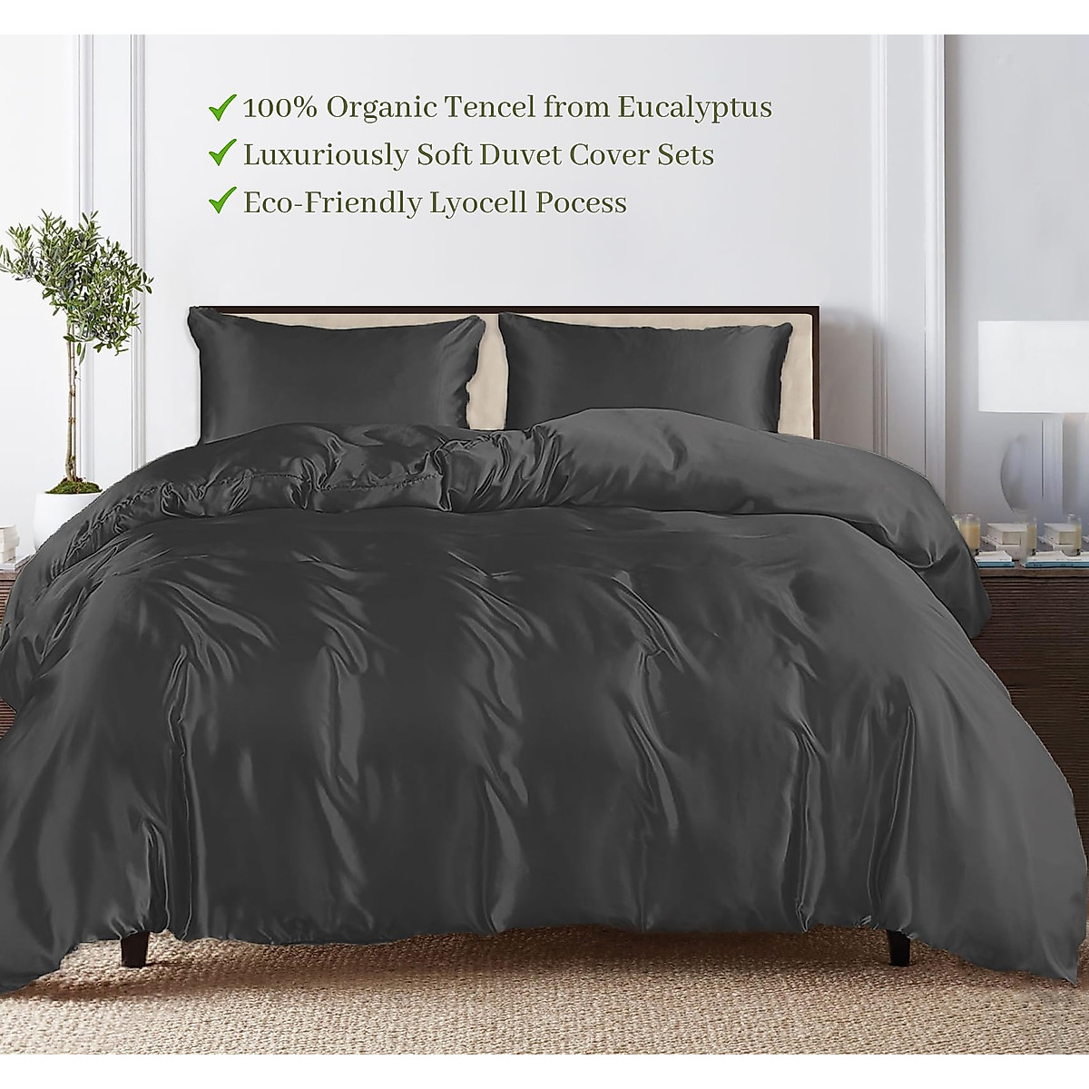 Linenwalas Tencel Lyocell Duvet Cover Set with Deep Pocket Fitted Sheet, Viscose Made from Eucalyptus Soft, Lightweight and Breathable Complete Bedding Set (Charcoal Grey, King)