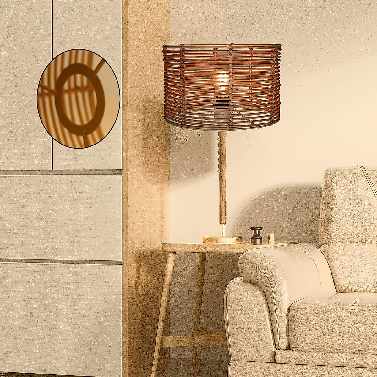 Rattan Drum lamp shades rattan Chandelier Shades Woven Boho Rattan Lampshade Chandelier Shades Pendant light Covers E26 E27 Replacement Table Lamp Floor Lamps Lampshades(Dark Brown)