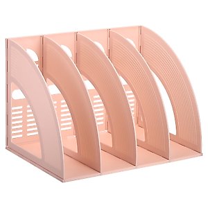 PATIKIL Magazine File Holder, Plastic Vertical 4 Compartment Desktop File Book Newspaper Notebook Storage Rack Bookshelf Folder Organizer for Office, Light Pink