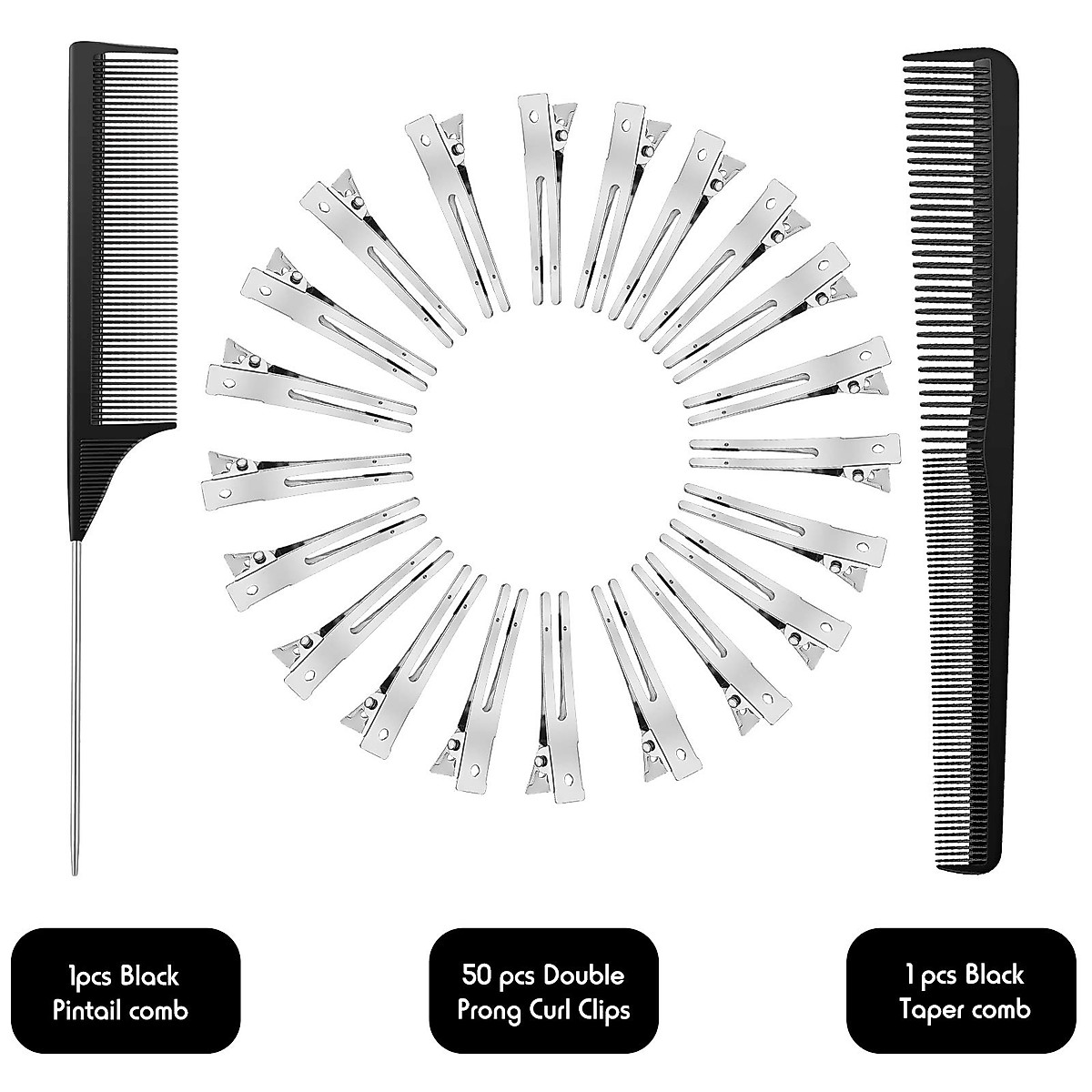 Patelai 52 Pcs Professional Comb Set Carbon Fiber Hair Combs for Women Men Include Rat Tail Taper 50 Double Prong Curl Clips for All Hair Types Natural Curly(Black)