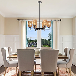 Widluth Black Chandelier Light Fixture Vintage 6-Lights Black Chandelier with Rattan Shade Industrial Boho 24.8" Hand Woven Bamboo Chandelier for Dining Room, Kitchen Island, Bedroom