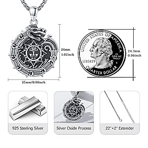 Aututer Aztec Ouroboros Necklace Sterling Silver Sun God Necklace Round Pendant Aztec Jewelry for Men Women Halloween Christmas Jewelry Gifts