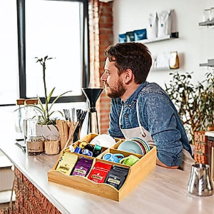 WUWEOT Coffee Condiment Organizer, Bamboo Storage Bin Drawers Box, Coffee Station Organizer Pantry Sugar Tea Bag Packet Organizers, Desk Storage Tray Containers with 6 Removable Compartments