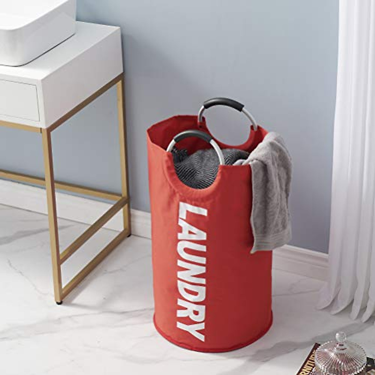 HOMEAMY 82L Large Thicken Laundry Basket Collapsible Fabric Laundry Hamper Foldable Heavy Duty Clothes Bag Portable Washing Bin Waterproof Cloth Hampers Storage with Durable Aluminum Handles (Red)