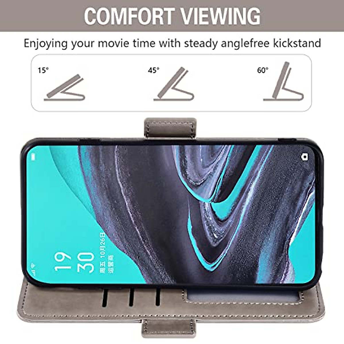 Asuwish Compatible with Oppo Reno 2 Wallet Case and Tempered Glass Screen Protector Credit Card Holder Flip Purse Accessories Wrist Strap Stand Folio Cell Phone Cover for Reno2 2019 Women Men Grey